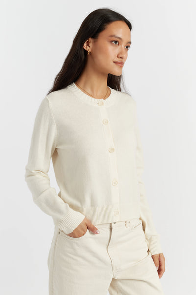Cream Wool-Cashmere Crew Neck Cardigan - Chinti & Parker UK